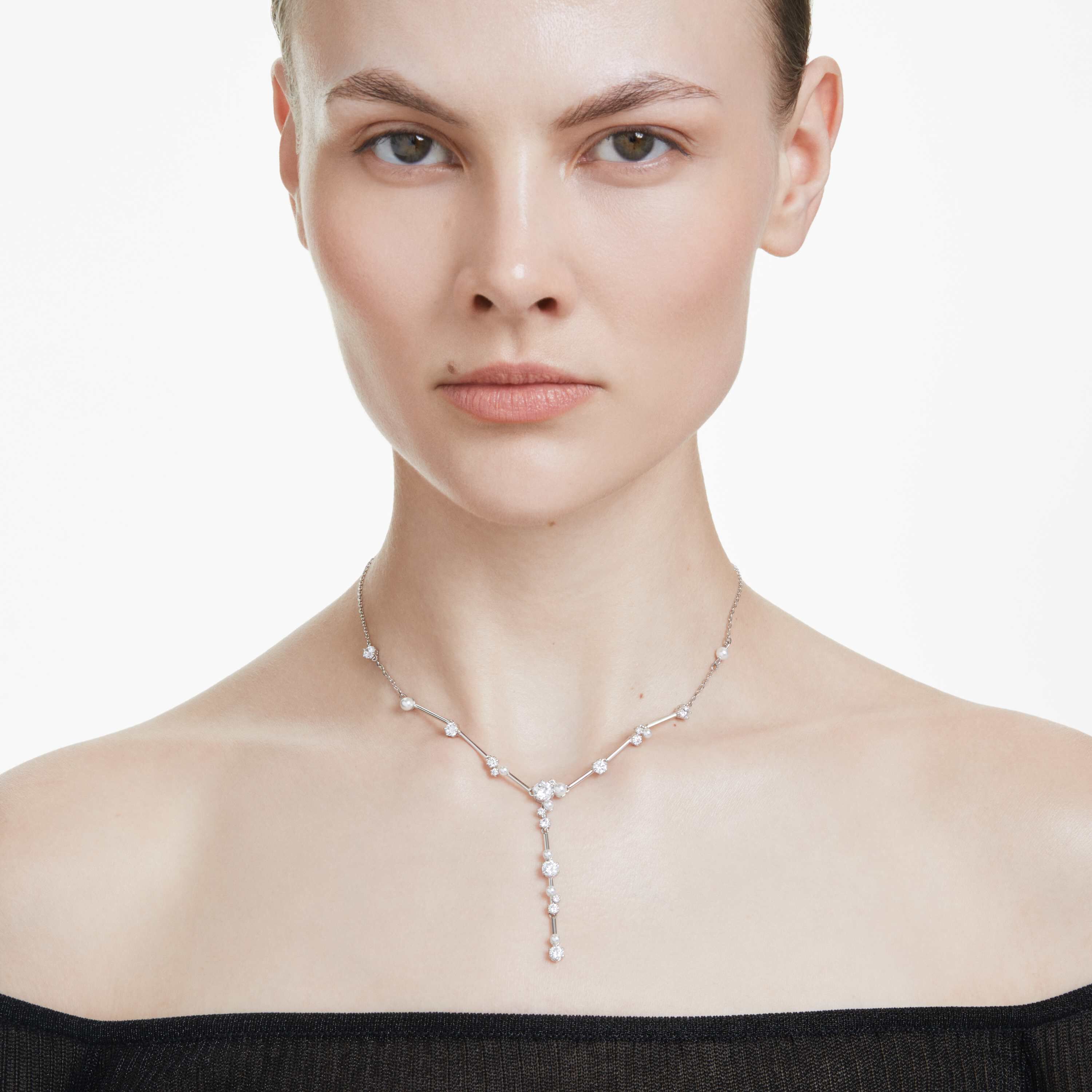 Buy Swarovski Constella Y necklace, Crystal pearl, Round cuts, White, Rhodium plated