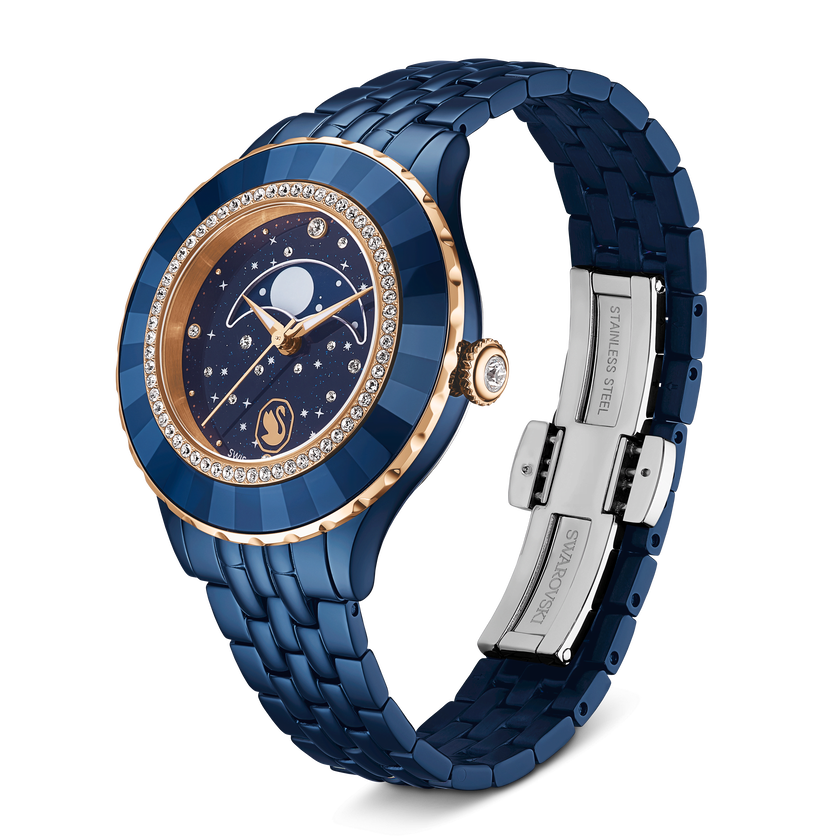 Octea moon watch, Swiss Made, Metal bracelet, Blue, Blue finish ...